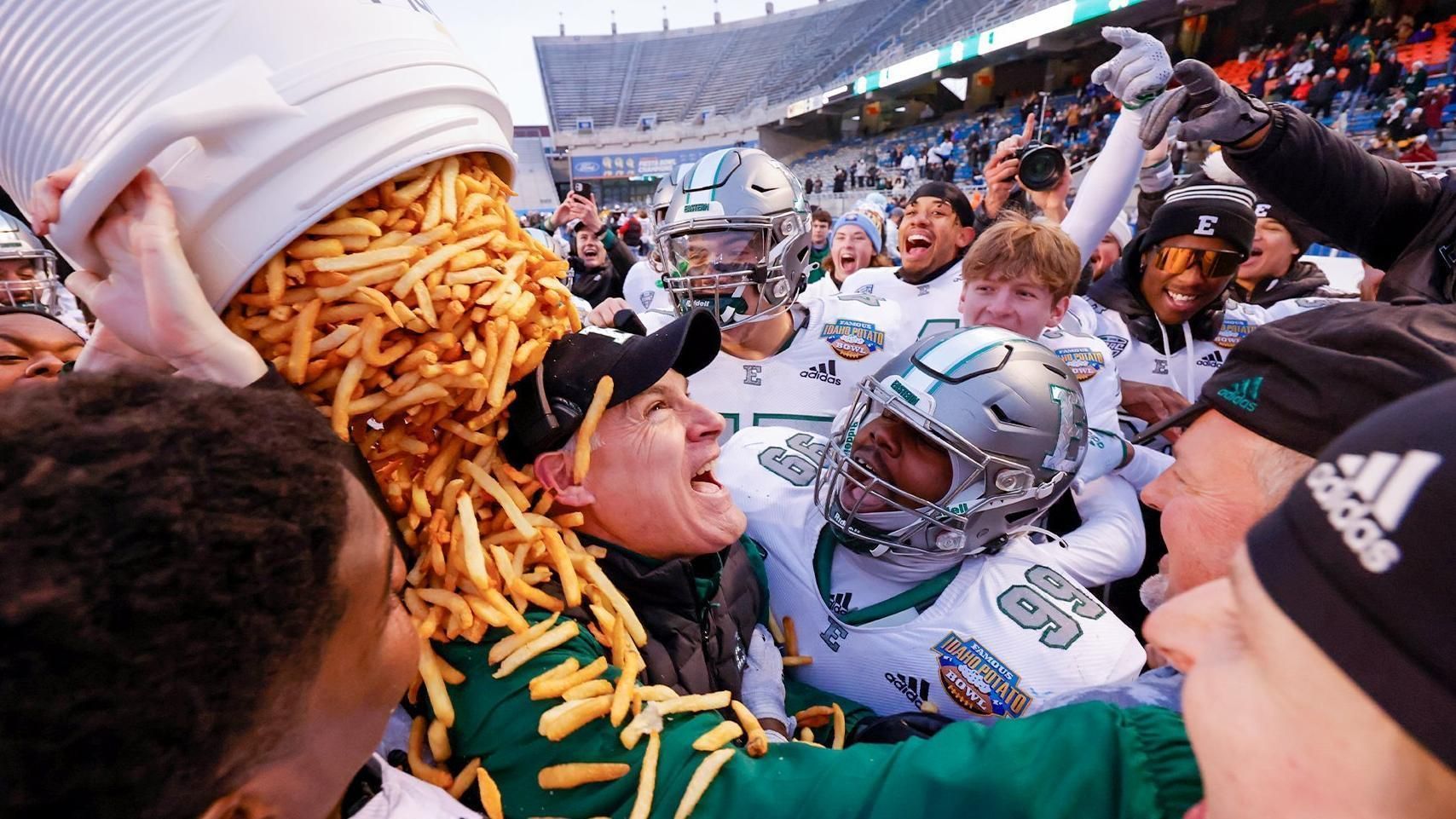 Chris Creighton gets french fry bath after EMU's Potato Bowl victory ...
