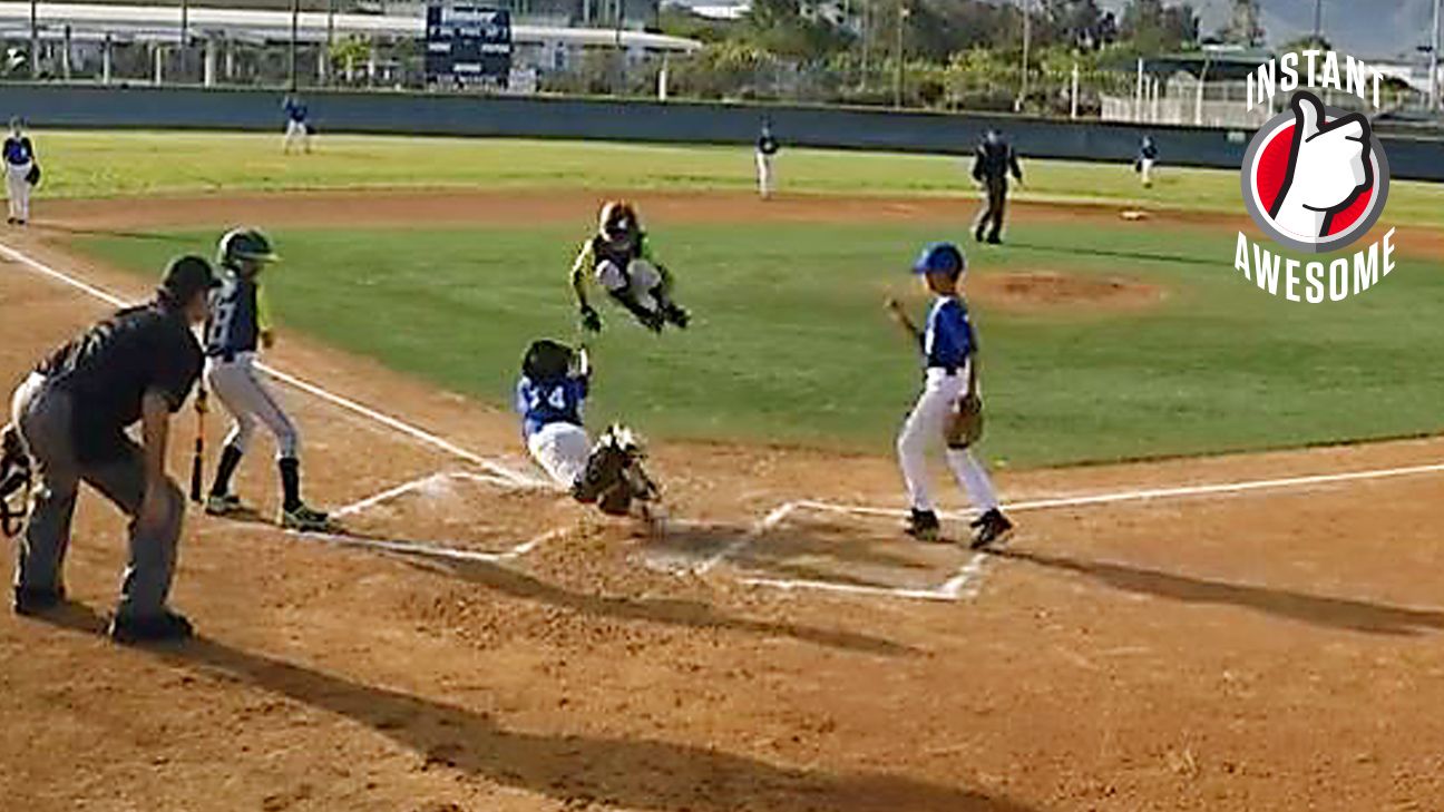 Youth baseball player soars over catcher for incredible run - ESPN