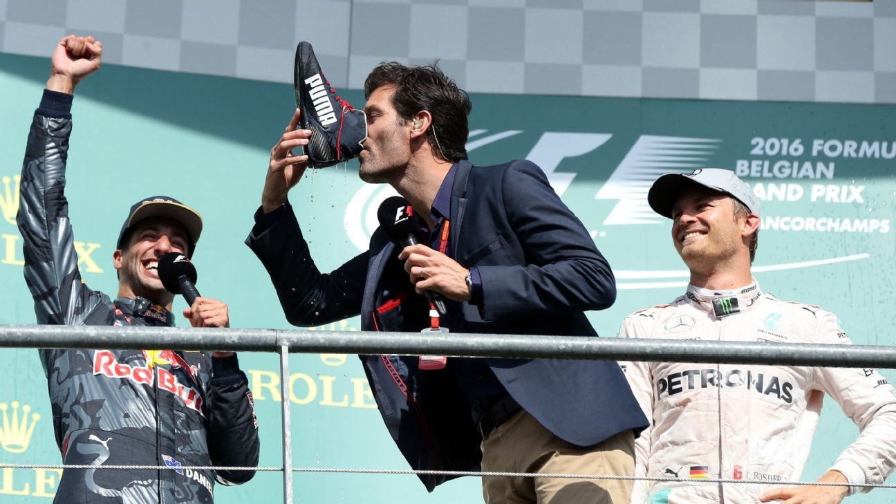 Former Aussie F1 driver Mark Webber takes part in podium shoey - ESPN