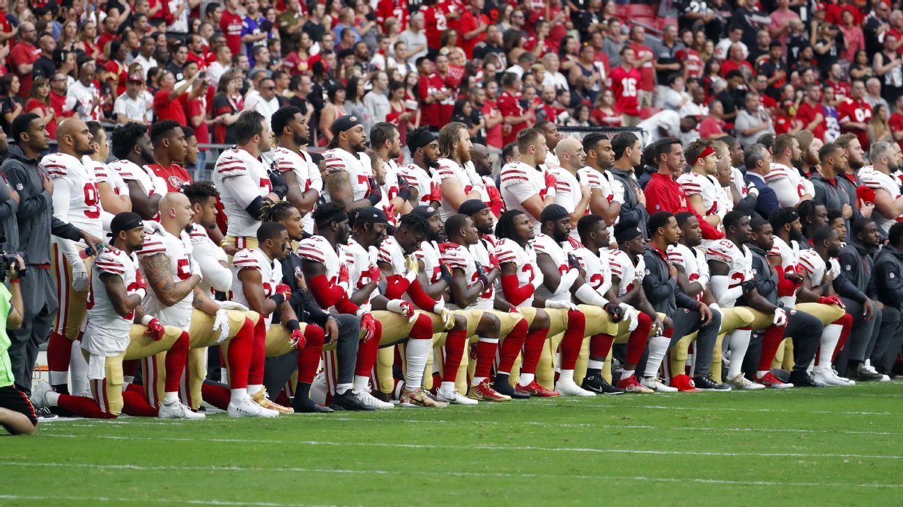 San Francisco 49ers players kneel with hand over heart during anthem - ESPN