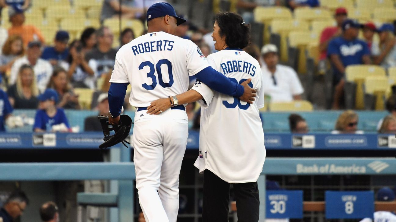 Dave Roberts' mother tosses first pitch at Los Angeles Dodgers' Japan ...