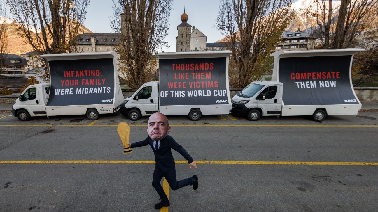 Activists supporting Qatar World Cup migrant workers protest in FIFA ...