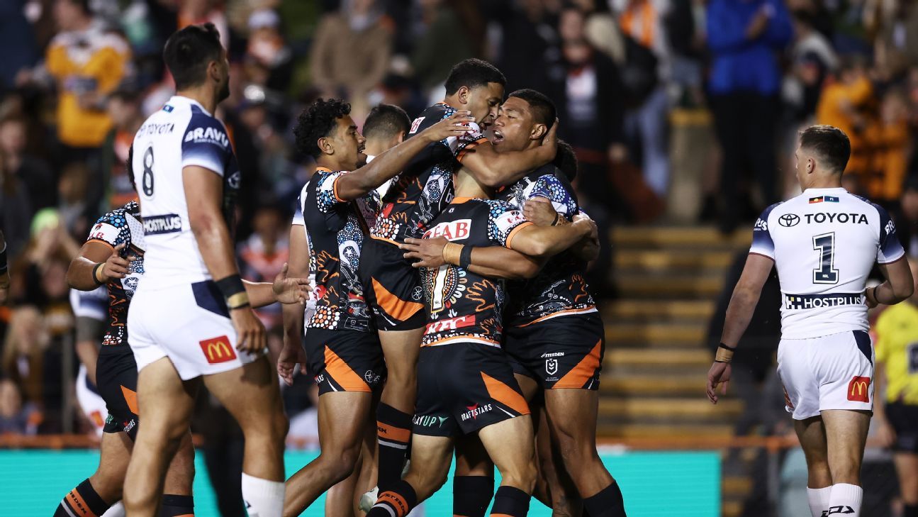 NRL Round 12 Brooks has a party for his 200th in 66-18 Tigers win over ...
